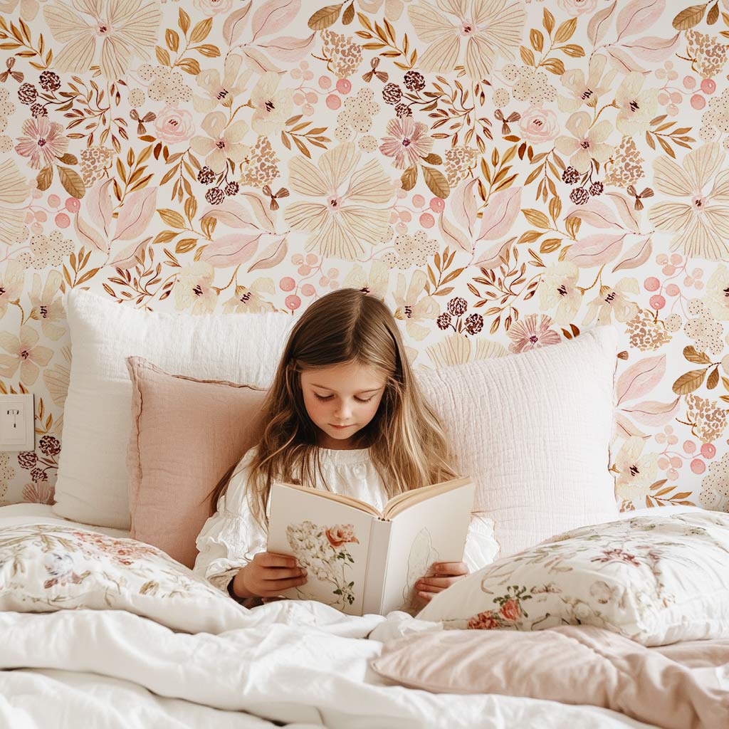Papier peint Fleurs Rose et Beige, Chambre Fille - Babywall